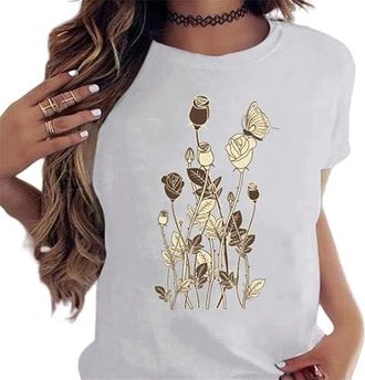 Keephen Papillon avec Fleurs T-Shirt Femmes Esth&eacute;tique Papillon Impression 3D T-Shirt Manches Courtes Col Rond Streetwear Dames &Eacute;t&eacute; Mignon Tops