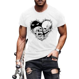 Generic Chemise de Saint-Valentin pour homme - T-shirt imprim&eacute; cr&acirc;ne coeur gothique Saint-Valentin T-shirt tendance d&eacute;contract&eacute; chemise graphique f&ecirc;te, blanc,