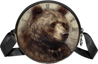 Generic Sac &agrave; bandouli&egrave;re rond pour femme, motif ours vintage, petit sac &agrave; bandouli&egrave;re avec fermeture &eacute;clair, bretelles r&eacute;glables, sac &agrave; main rond d&eacute;contract&eacute;