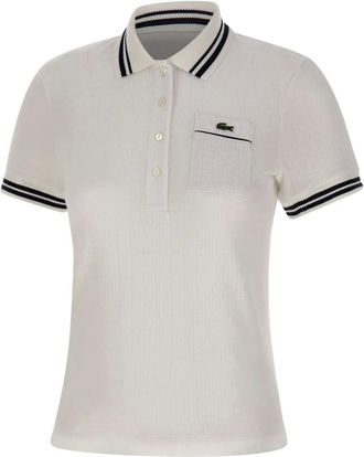Lacoste Femme, Tops, Blanc, Taille: 40 FR Polo en maille c&ocirc;tel&eacute;e