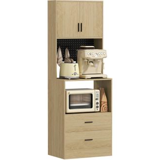 HOMCOM Meuble micro-ondes - HOMCOM - 2 tiroirs, 2 portes, plan de travail, &eacute;tag&egrave;re r&eacute;glable, panneau perfor&eacute; - bois - 80x40x170cm - naturel