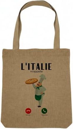 Fabulous Sac Shopping Tote Bag Aspect Lin - LItalie MAppelle Pizza Gastronomie Culture - Sac de Courses Toile Epaisse 360g Beige Naturel Cabas Port&eacute; Epaule Sol