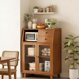 Generic Sideboard in Massivholzoptik mit halbtransparenten Glast&uuml;ren Offene Regalb&ouml;den + Schubladen Stauraum for das Esszimmer, Teeschrank und Wohnzimmer(Tea 