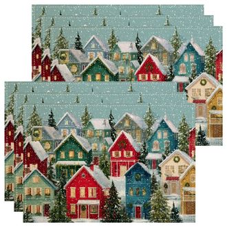Generic Tischsets mit weihnachtlichem Schneedorf, bunte Winterlandschaft, Platzsets für Esstisch, Urlaub, rutschfest, waschbar, für Innen- und Außenbereich, K