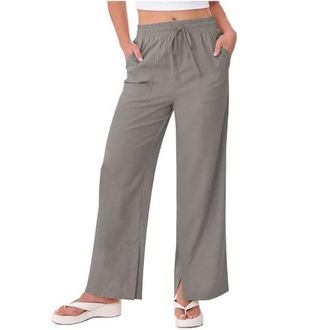 Generic Pantalon pour femme tendance et d&eacute;contract&eacute; de couleur unie taille haute fente jambe large pantalon d&eacute;contract&eacute; avec poches pantalon noir &agrave; jambe larg