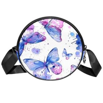 Generic Sac &agrave; bandouli&egrave;re rond pour femme, motif papillons aquarelle, petit sac &agrave; bandouli&egrave;re avec fermeture &eacute;clair, bretelles r&eacute;glables, sac &agrave; main rond d&eacute;co