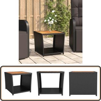 vidaXL Beistelltisch mit Holzplatte Schwarz Poly Rattan & Akazienholz - Gartentisch - Teettisch - Balkontisch - Outdoor Möbel - Gartenmöbel Set