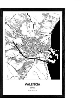 Nacnic Poster mit Karte von Valencia - Spanien. Blätter Städte in Spanien mit Meeren und Flüssen in schwarzer Farbe. A4-Format