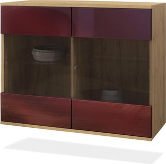 Vladon Kommode Bari V3, Moderner K&uuml;chenschrank mit 2 gro&szlig;en Glast&uuml;ren Eiche Evoke/Bordeaux Hochglanz (92,5 x 73.5 x 35)