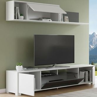 Dmora Gruf Wandsystem, TV-St&auml;nder-Wohnzimmerset, Mehrzweck-Wohnzimmerm&ouml;bel, 200x41h180 cm, Wei&szlig; und Anthrazit