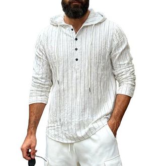 Generic Sweat &agrave; capuche l&eacute;ger en lin pour homme - Quart de bouton ray&eacute; | R&eacute;tro &agrave; manches longues pour la plage et le voyage, blanc, XXL