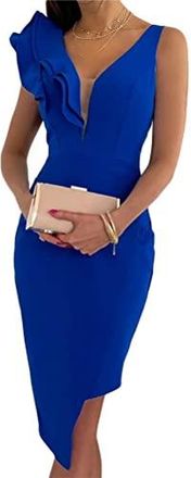 Minetom Femme Élégante Col en V Robe sans Manche Couleur Unie Moulante Affaires Crayon Midi Robe de Soirée Mariage Cocktail A Bleu XXL