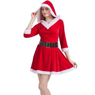 Generic Robe De Noël Femme Manches 3/4, Robe De Noël pour Femme Col V A Capuche Mini Imprime Decontracte Costume De Pere Noel Coupe Tendance Cocktail Dress Lo