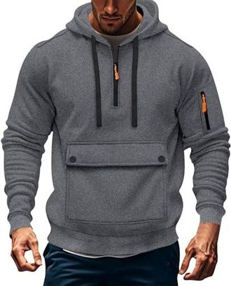 Generic Sweat à capuche semi-zippé pour homme, pull à capuche décontracté à manches longues, couleur unie, léger, avec poche, cordon de serrage extensible, vê