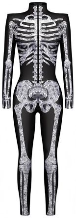 Ocean Plus Damen Halloween Skelett Digitaldruck Overall Schmal Geschnittene Lang&auml;rmlige Einteilige Strumpfhose Jumpsuit (XL, Wei&szlig;es Skelett)