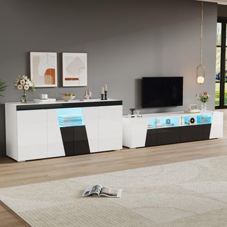 Generic TV-Schrank Set 2-teilig Hochglanz Schwarz Wei&szlig; 180 cm Lowboard & 140 cm Sideboard mit LED Beleuchtung f&uuml;r Fernseher bis 80 Zoll Moderne Wohnwand TV St