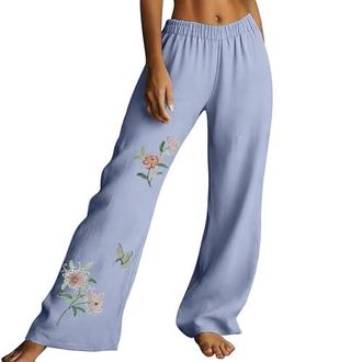 Generic Pantalon en lin pour femme - Long - D&eacute;contract&eacute; - A&eacute;r&eacute; - Jambes larges - Tissu en lin - Motif brod&eacute; - Taille &eacute;lastique - Pantalon de loisirs - D&eacute;contr
