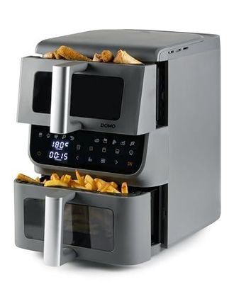 Domo DO550FR Hei&szlig;luftfritteuse 2 Kammern Vertikal - 10L - Innovative Mehrfach-Luftgeschwindigkeit - Spart 30% Platz - LED Touchdisplay mit Sichtfenster - 2