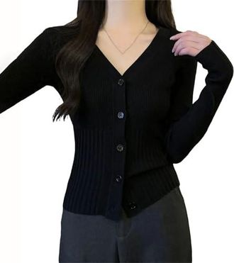 Generic Cardigan en tricot pour femme - Cardigan court &agrave; manches longues et col en V - Veste chic cor&eacute;enne, Noir/blanc, XS