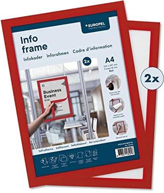 Europel Selbstklebender magnetischer Info-Rahmen aus PVC, A4 Rot, 2er Set, einfach ablösbar durch Magnet, doppelseitig, Hoch- oder Querformat, 32,5 x 23,8 cm