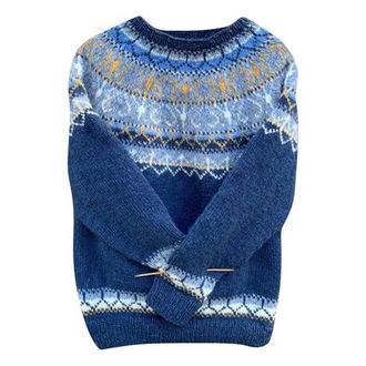 Generic Pull Islandais Femme, Pull Norv&eacute;gien Femme Hiver Chaud Pull Femme Vert Col Rond Pull en Tricot Mode Et Elegant Cachemire Pull Jacquard Irlandais Sweat