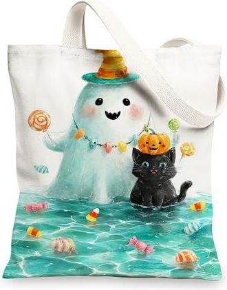 Generic Sacs fourre-tout en toile motif fantôme et chat dHalloween, sacs à provisions réutilisables, amusants, fantaisistes, légers et lavables, blanc, 13x15 