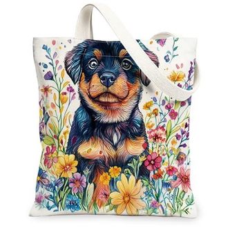 Generic Spring Rottweilers Sac fourre-tout en toile r&eacute;utilisable pour faire du shopping, 33 x 38,1 cm, motif aquarelle et chiot avec motif imprim&eacute; floral sauv