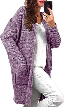Onsoyours Femme Hiver Cardigan Long Tricot Veste Ouvert &Eacute;pais Manches Longues Pull Gilet Chaud Capuche Manteau Sweater Chandail Outwear A Pourpre M