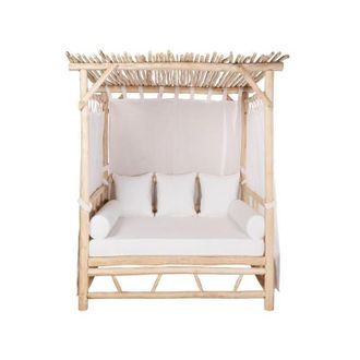 Vente-Unique Lit de jardin &agrave; baldaquin en teck - Naturel clair et blanc - TULUM de MYLIA