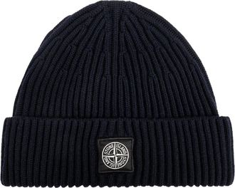 Stone Island Beanie mit Kompass-Logo-Patch - - Accessories - Herren - Blau - ONE SIZE