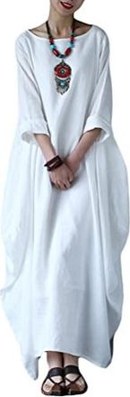 ORANDESIGNE Longue Caftan Femme Robe Lin Coton Boho Col Rond Ample Maxi Robe De Plage Casual Demi Manches Maxi Grande Taille Robe de Plage Bikini Cover Up Poncho 