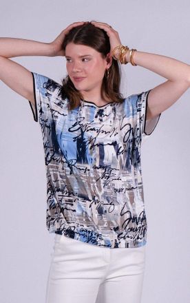 Passioni Print-Shirt Modernes T-Shirt in Blau mit Schriftz&uuml;gen und Wasserreflexion-Print mit Schriftz&uuml;gen versehen