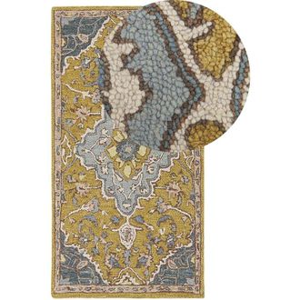 Beliani Teppich Läufer Gelb und Blau Wolle 80 x 150 cm Kurzflor Orientalisches Design Vintage Handgetuftet Rechteckig Wohnzimmer Schlafzimmer Flur
