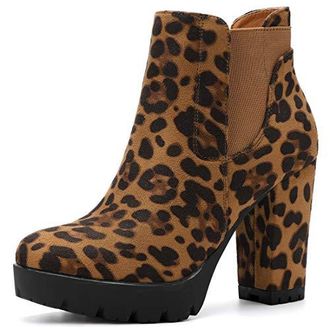 Allegra K Femmes Chunky Talon Haut Platform Zipper Chelsea Boots Léopard 36