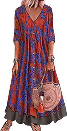 ORANDESIGNE Robe Longue Femme Ample Style Boho Manche Courte Chic Maxi Robe Été Femme Grande Taille Casual Robe de Plage Maxi Rouge L