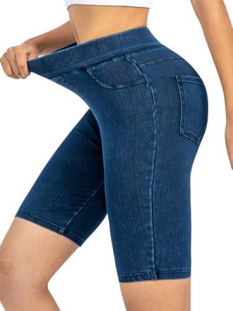 Minetom Short Femme en Jean Bermuda Jegging Confort Stretch Shorts De Sport Genou avec Poches Slim Élastique Denim Legging Yoga Running Fitness A Bleu Foncé X
