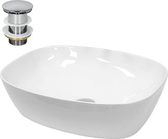 ECD Germany Waschbecken Waschtisch 505x385x135 mm aus Keramik Weiß inkl. Ablaufgarnitur für Waschbecken ohne Überlauf Aufsatzbecken Aufsatzwaschbecken Aufsatzwasc