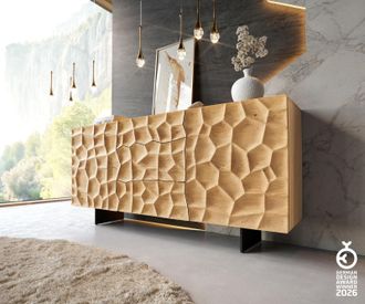 DELIFE Sideboard Solu 175 cm Eiche Natur 2 T&uuml;ren 3 Sch&uuml;be Fu&szlig; schwebend Metall Schwarz 3D-Front, Sideboards