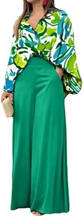 ORANDESIGNE Femme 2 Pièces Set Élégante Ample Ensemble de Chemises Imprimées et Pantalon Large avec Poches Deux Pièces Formel Bureau Travail Pantalon Costumes D V