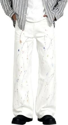Generic Jean baggy pour homme - Spray droit - Classique et confortable - Pantalon extensible - Motif &eacute;claboussures - Pantalon de loisirs - Pantalon en jean d&eacute;
