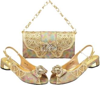 Generic Chaussures et sacs pour femme Nigeria - Chaussures de fête et sac pour femme - Escarpins à bout ouvert en cristal avec sac à main, doré, 42.5 EU