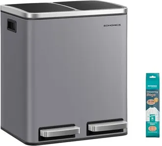 Songmics Poubelle Cuisine, 2 x 15 L, Poubelle Tri, avec P&eacute;dale, 2 Compartiments, 15 Sacs Poubelles, Seaux Int&eacute;rieurs, Couvercles en Douceur, en Acier, Gris Ard