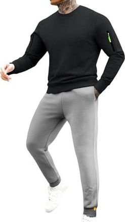 Generic Survêtement athlétique 2 pièces pour homme avec manches longues et col rond et pantalon de jogging en coton mélangé avec poches, Gris, XXL