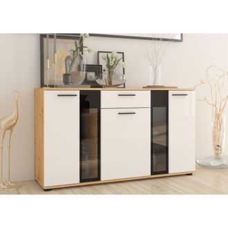 Furnix Sideboard Melides mit Schublade, led Anrichte Glastüren 140 cm Weiß-Artisan - Furnix