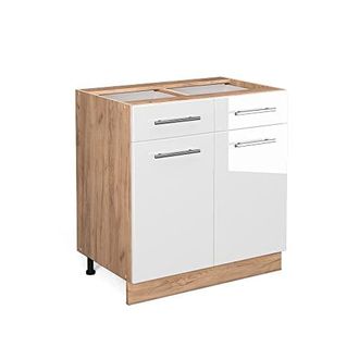 Vicco Meuble Cuisine Fame-Line, Blanc Haute Brillance/Ch&ecirc;ne de Force dor&eacute;, 80 cm sans Plan de Travail
