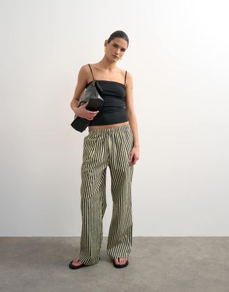 Topshop Pantalon ample &agrave; enfiler en popeline ray&eacute;e - Bleu marine-Pas de couleur