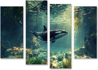 Islandburner Bild auf Leinwand Orca im sonnendurchfluteten Unterwasserwald für Wohnzimmer Naturfreunde Wellnesszentrum Bilder Wandbilder Poster