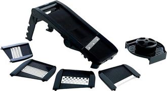 Mastrad Mandoline Multilames - 3 R&acirc;pes et 5 Lames Acier Inoxydable - Facile Dutilisation - Confort & S&eacute;curit&eacute; - 1 Poussoir - Coloris Noir