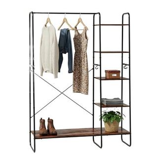 Relaxdays Kleiderst&auml;nder, 6 Ablagen, Kleiderstange, 6 Haken, Industrial, 160x120x45 cm, Garderobenst&auml;nder, schwarz/braun