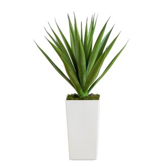 Nearly Natural 94 cm, UV-best&auml;ndige k&uuml;nstliche Agavenpflanze im wei&szlig;en Turm-Pflanzgef&auml;&szlig; (Indoor/Outdoor)